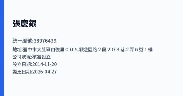 張慶銀的照片-統編 38976439(臺中市) 公司登記資料與營業項目詳細圖表