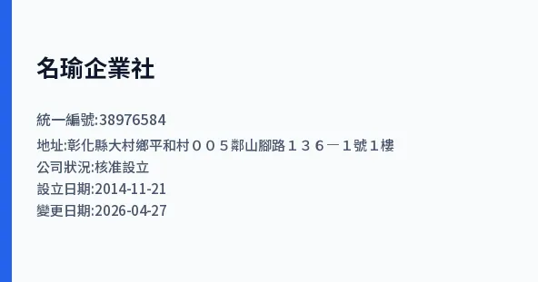 名瑜企業社的照片-統編 38976584(彰化縣) 公司登記資料與營業項目詳細圖表
