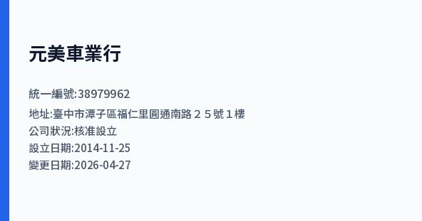 元美車業行的照片-統編 38979962(臺中市) 公司登記資料與營業項目詳細圖表