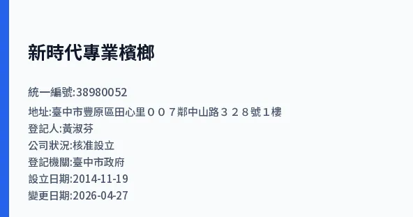 新時代專業檳榔的照片-統編 38980052(臺中市) 公司登記資料與營業項目詳細圖表