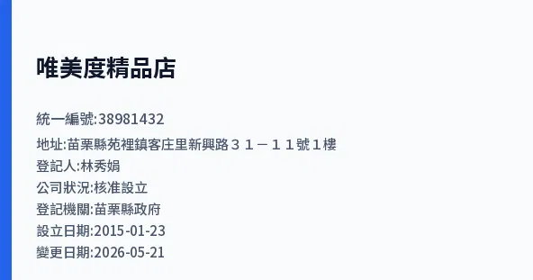 唯美度精品店的照片-統編 38981432(苗栗縣) 公司登記資料與營業項目詳細圖表