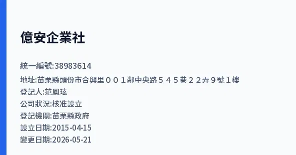 億安企業社的照片-統編 38983614(苗栗縣) 公司登記資料與營業項目詳細圖表