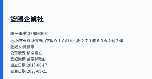 鋐勝企業社的照片-統編 38986008(苗栗縣) 公司登記資料與營業項目詳細圖表