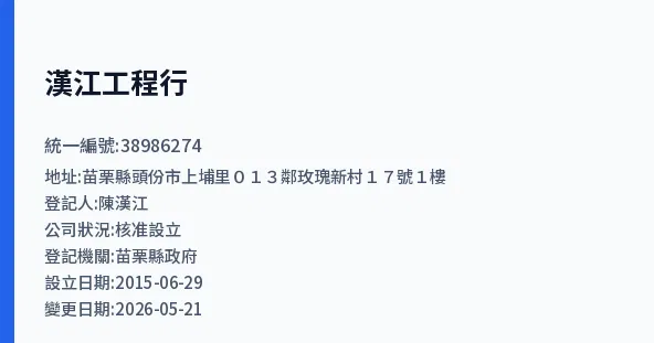 漢江工程行的照片-統編 38986274(苗栗縣) 公司登記資料與營業項目詳細圖表