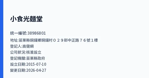 小食光麵堂的照片-統編 38986801(苗栗縣) 公司登記資料與營業項目詳細圖表