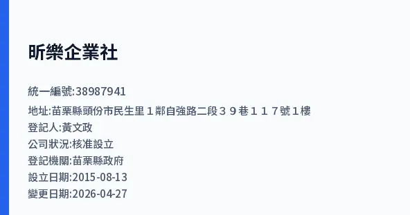 昕樂企業社的照片-統編 38987941(苗栗縣) 公司登記資料與營業項目詳細圖表