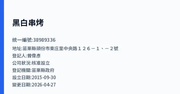 黑白串烤的照片-統編 38989336(苗栗縣) 公司登記資料與營業項目詳細圖表