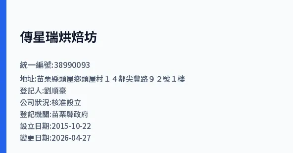 傳星瑞烘焙坊的照片-統編 38990093(苗栗縣) 公司登記資料與營業項目詳細圖表