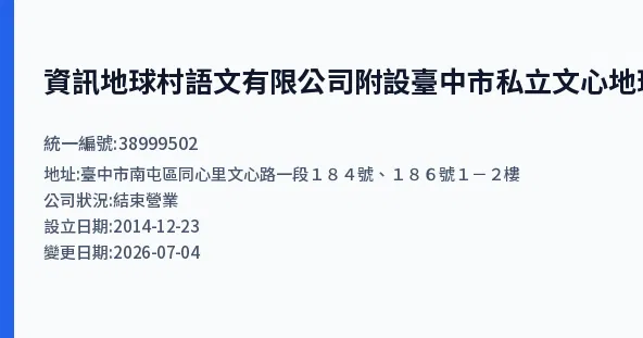資訊地球村語文有限公司附設臺中市私立文心地球村語文語短期補習班的照片-統編 38999502(臺中市) 公司登記資料與營業項目詳細圖表