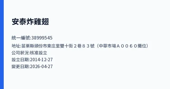 安泰炸雞翅的照片-統編 38999545(苗栗縣) 公司登記資料與營業項目詳細圖表