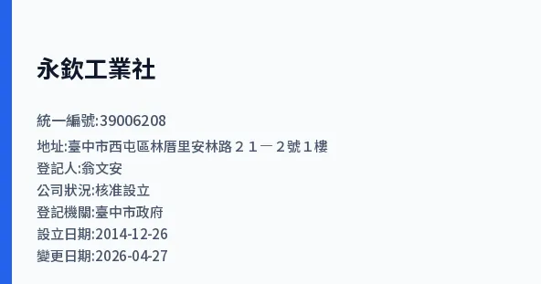 永欽工業社的照片-統編 39006208(臺中市) 公司登記資料與營業項目詳細圖表