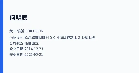 何明聰的照片-統編 39035506(彰化縣) 公司登記資料與營業項目詳細圖表