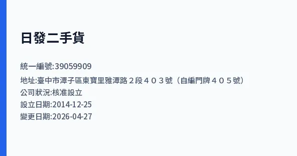 日發二手貨的照片-統編 39059909(臺中市) 公司登記資料與營業項目詳細圖表