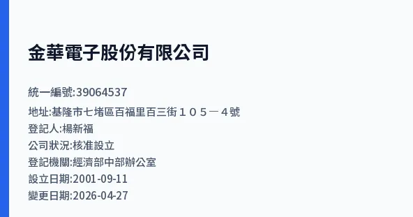 金華電子股份有限公司的照片-統編 39064537(基隆市) 公司登記資料與營業項目詳細圖表