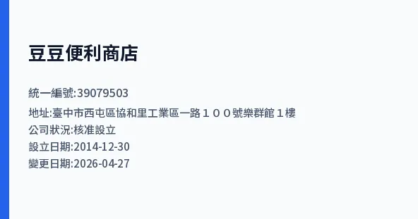 豆豆便利商店的照片-統編 39079503(臺中市) 公司登記資料與營業項目詳細圖表