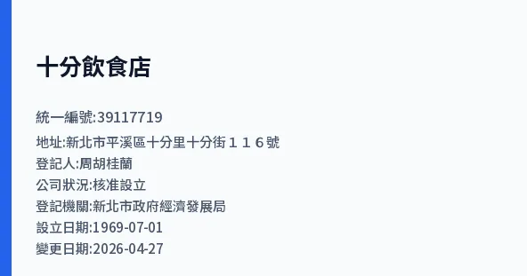 十分飲食店的照片-統編 39117719(新北市) 公司登記資料與營業項目詳細圖表