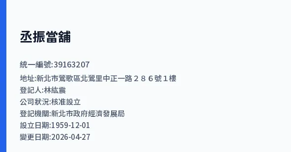 丞振當舖的照片-統編 39163207(新北市) 公司登記資料與營業項目詳細圖表