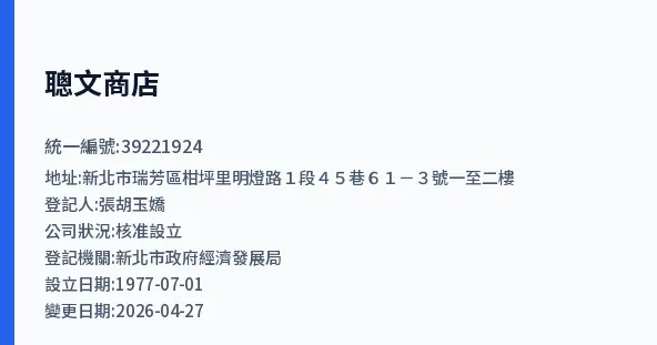 聰文商店的照片-統編 39221924(新北市) 公司登記資料與營業項目詳細圖表