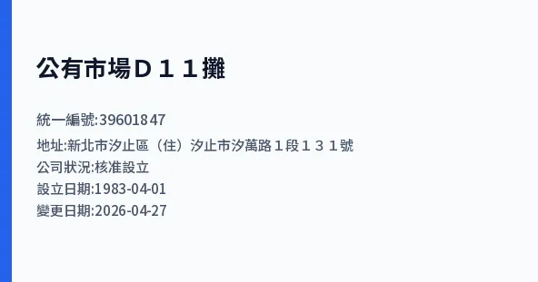 公有市場D11攤的照片-統編 39601847(新北市) 公司登記資料與營業項目詳細圖表
