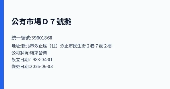 公有市場D7號攤的照片-統編 39601868(新北市) 公司登記資料與營業項目詳細圖表