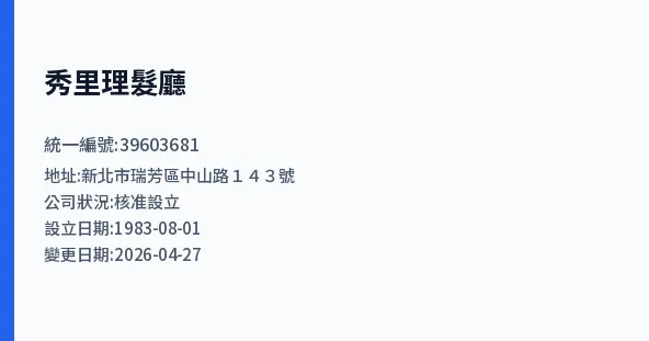 秀里理髮廳的照片-統編 39603681(新北市) 公司登記資料與營業項目詳細圖表