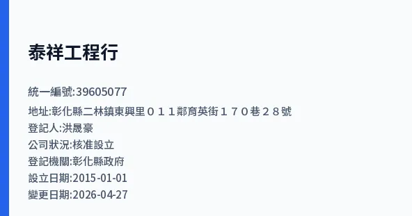 泰祥工程行的照片-統編 39605077(彰化縣) 公司登記資料與營業項目詳細圖表