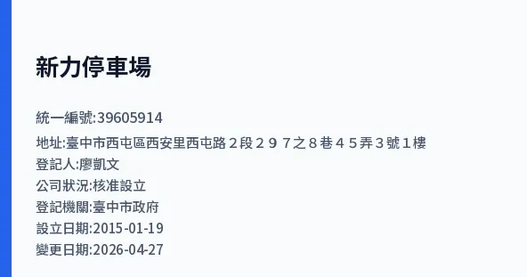 新力停車場的照片-統編 39605914(臺中市) 公司登記資料與營業項目詳細圖表