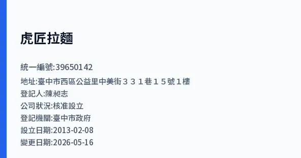 虎匠拉麵的照片-統編 39650142(臺中市) 公司登記資料與營業項目詳細圖表