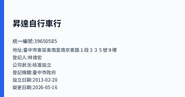 昇達自行車行的照片-統編 39650585(臺中市) 公司登記資料與營業項目詳細圖表