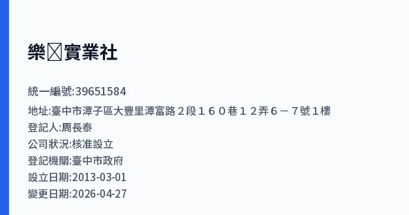 樂缇實業社的照片-統編 39651584(臺中市) 公司登記資料與營業項目詳細圖表