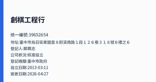 創棋工程行的照片-統編 39652654(臺中市) 公司登記資料與營業項目詳細圖表