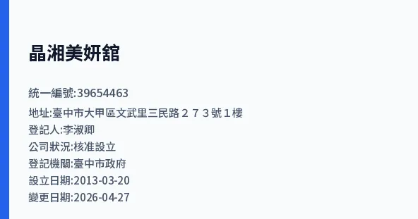 晶湘美妍舘的照片-統編 39654463(臺中市) 公司登記資料與營業項目詳細圖表