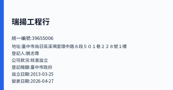 瑞揚工程行的照片-統編 39655006(臺中市) 公司登記資料與營業項目詳細圖表