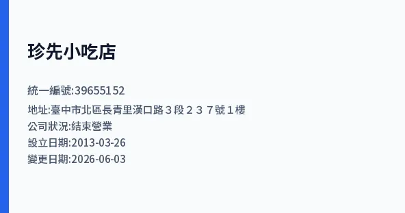 珍先小吃店的照片-統編 39655152(臺中市) 公司登記資料與營業項目詳細圖表