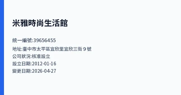 米雅時尚生活館的照片-統編 39656455(臺中市) 公司登記資料與營業項目詳細圖表