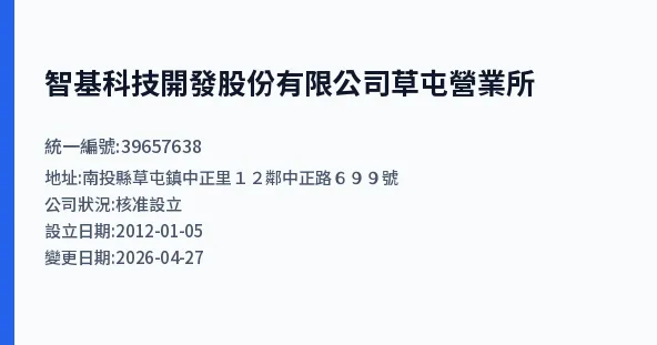 智基科技開發股份有限公司草屯營業所的照片-統編 39657638(南投縣) 公司登記資料與營業項目詳細圖表