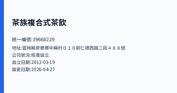 茶族複合式茶飲的照片-統編 39668229(雲林縣) 公司登記資料與營業項目詳細圖表