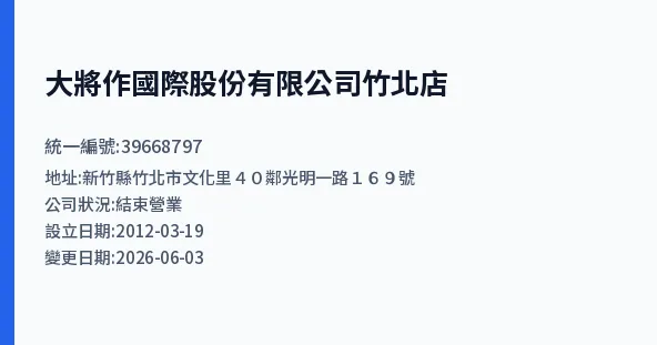 大將作國際股份有限公司竹北店的照片-統編 39668797(新竹縣) 公司登記資料與營業項目詳細圖表