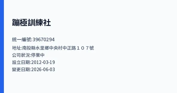 蹦極訓練社的照片-統編 39670294(南投縣) 公司登記資料與營業項目詳細圖表