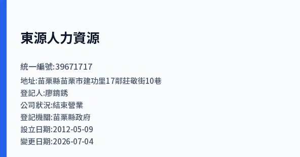 東源人力資源的照片-統編 39671717(苗栗縣) 公司登記資料與營業項目詳細圖表