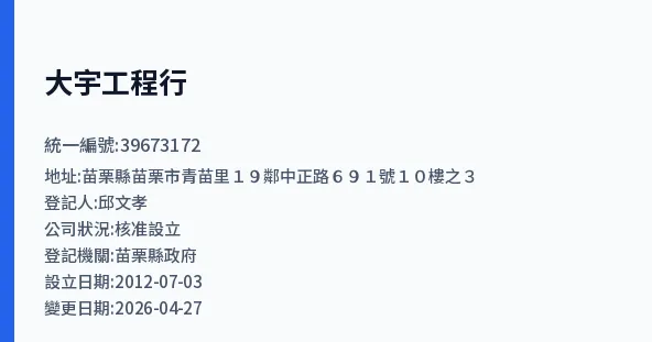 大宇工程行的照片-統編 39673172(苗栗縣) 公司登記資料與營業項目詳細圖表