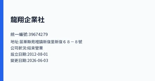龍翔企業社的照片-統編 39674279(苗栗縣) 公司登記資料與營業項目詳細圖表