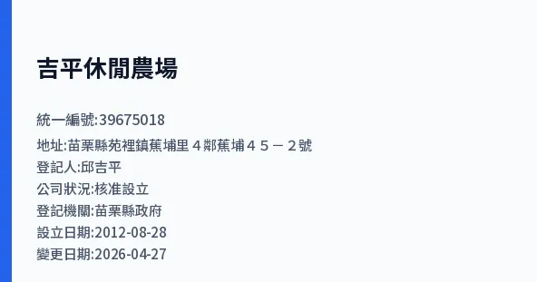 吉平休閒農場的照片-統編 39675018(苗栗縣) 公司登記資料與營業項目詳細圖表