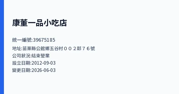 康董一品小吃店的照片-統編 39675185(苗栗縣) 公司登記資料與營業項目詳細圖表