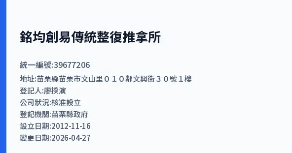 銘均創易傳統整復推拿所的照片-統編 39677206(苗栗縣) 公司登記資料與營業項目詳細圖表