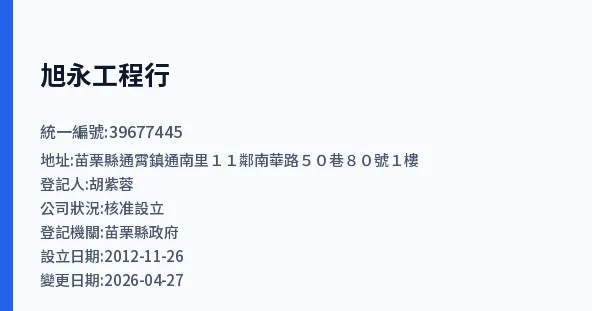 旭永工程行的照片-統編 39677445(苗栗縣) 公司登記資料與營業項目詳細圖表