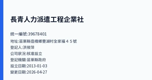 長青人力派遣工程企業社的照片-統編 39678401(苗栗縣) 公司登記資料與營業項目詳細圖表