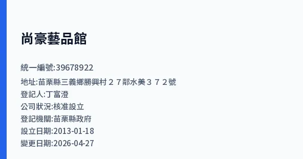 尚豪藝品館的照片-統編 39678922(苗栗縣) 公司登記資料與營業項目詳細圖表