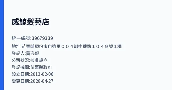 威鯨髮藝店的照片-統編 39679339(苗栗縣) 公司登記資料與營業項目詳細圖表