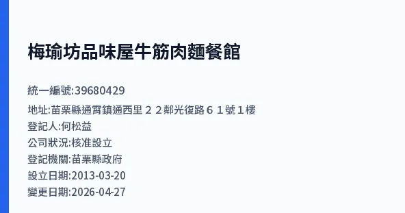 梅瑜坊品味屋牛筋肉麵餐館的照片-統編 39680429(苗栗縣) 公司登記資料與營業項目詳細圖表